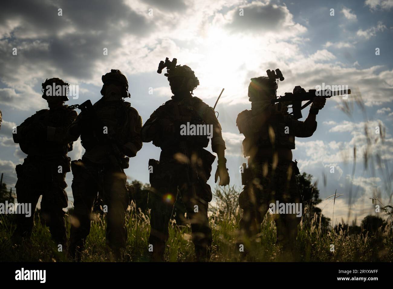 Soldier holding gun and showing action success or war win, special ...