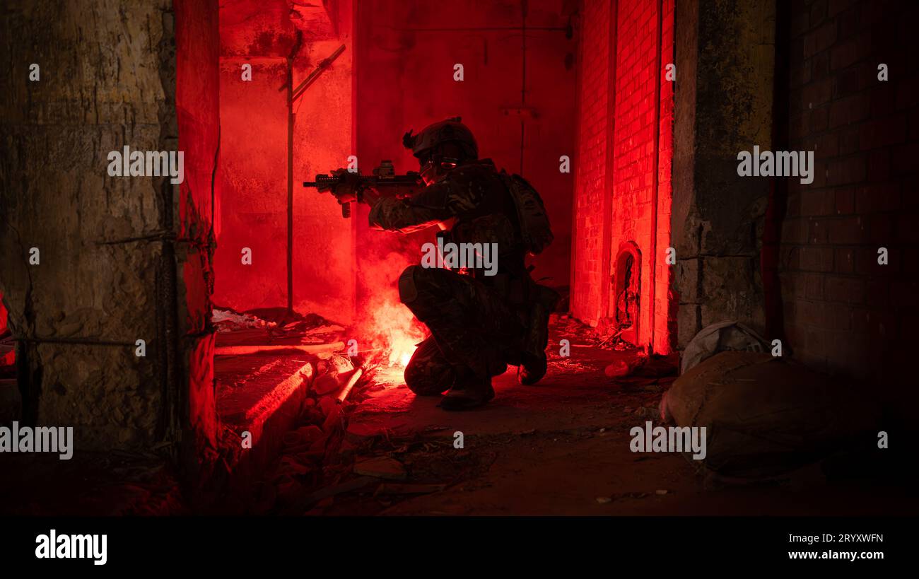 Soldier in anti-terrorist warfare in a dark building, Anti-terrorist ...