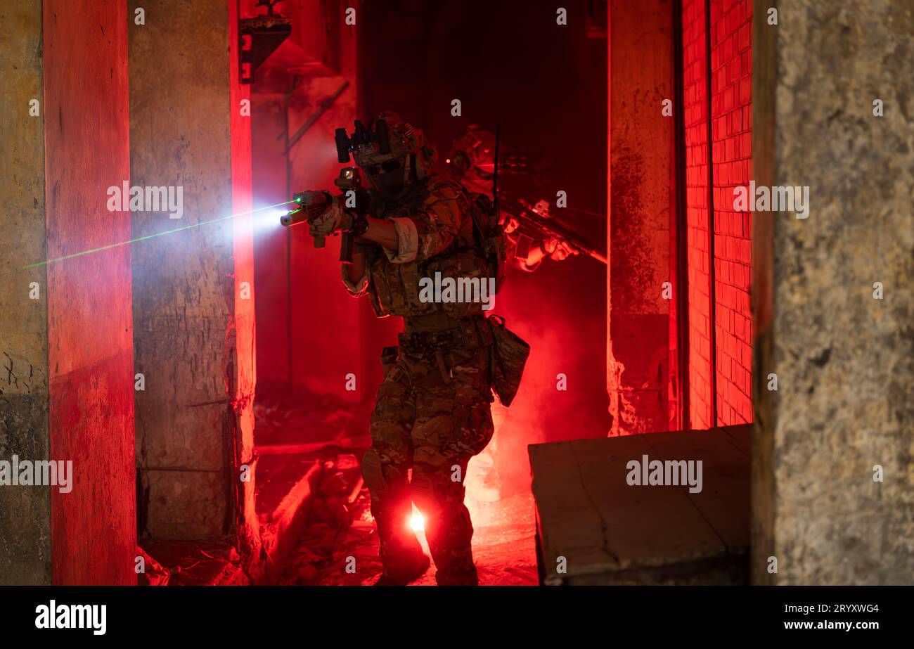 Soldier in anti-terrorist warfare in a dark building, Anti-terrorist ...