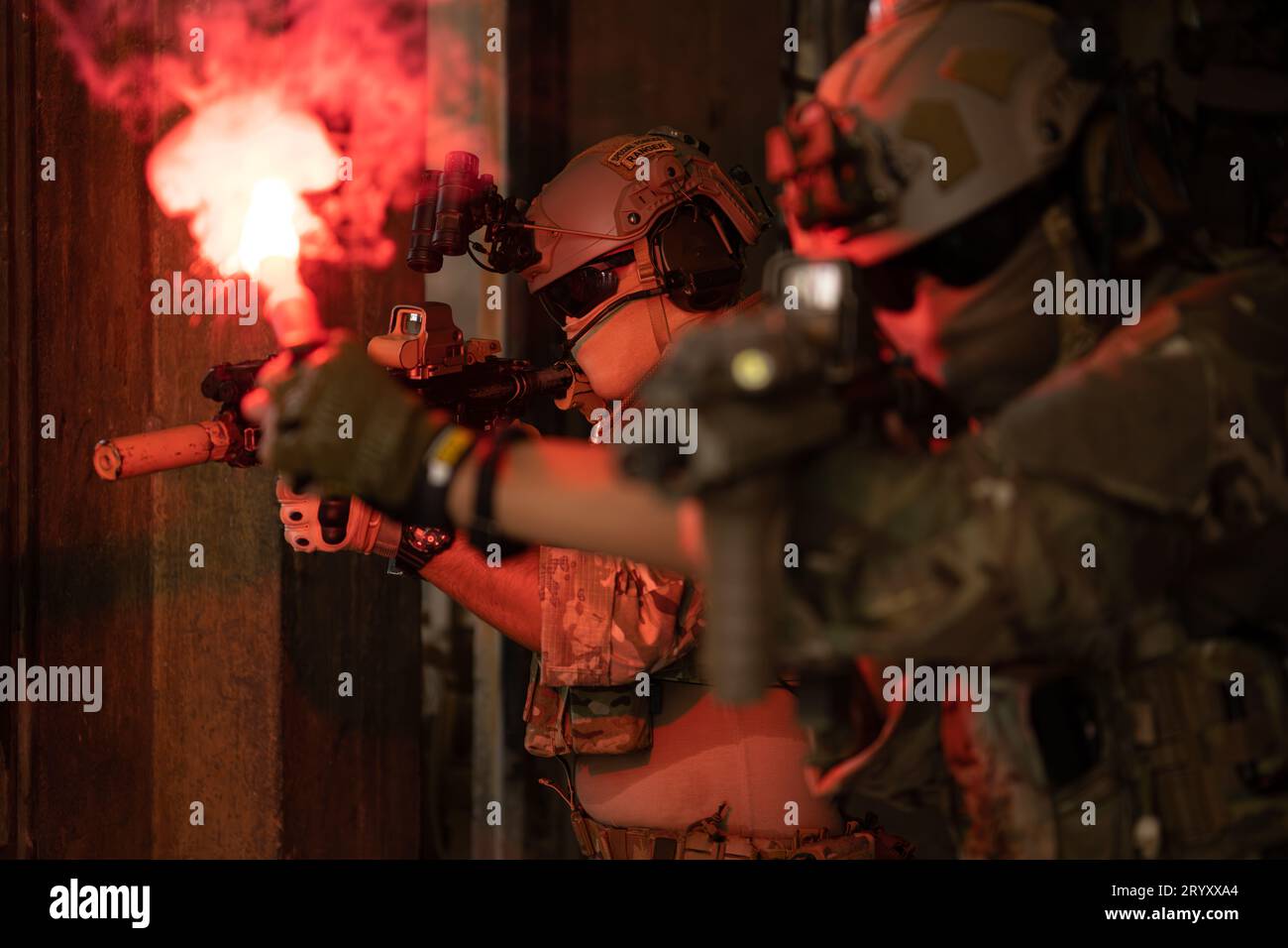 Soldier in anti-terrorist warfare in a dark building, Anti-terrorist ...