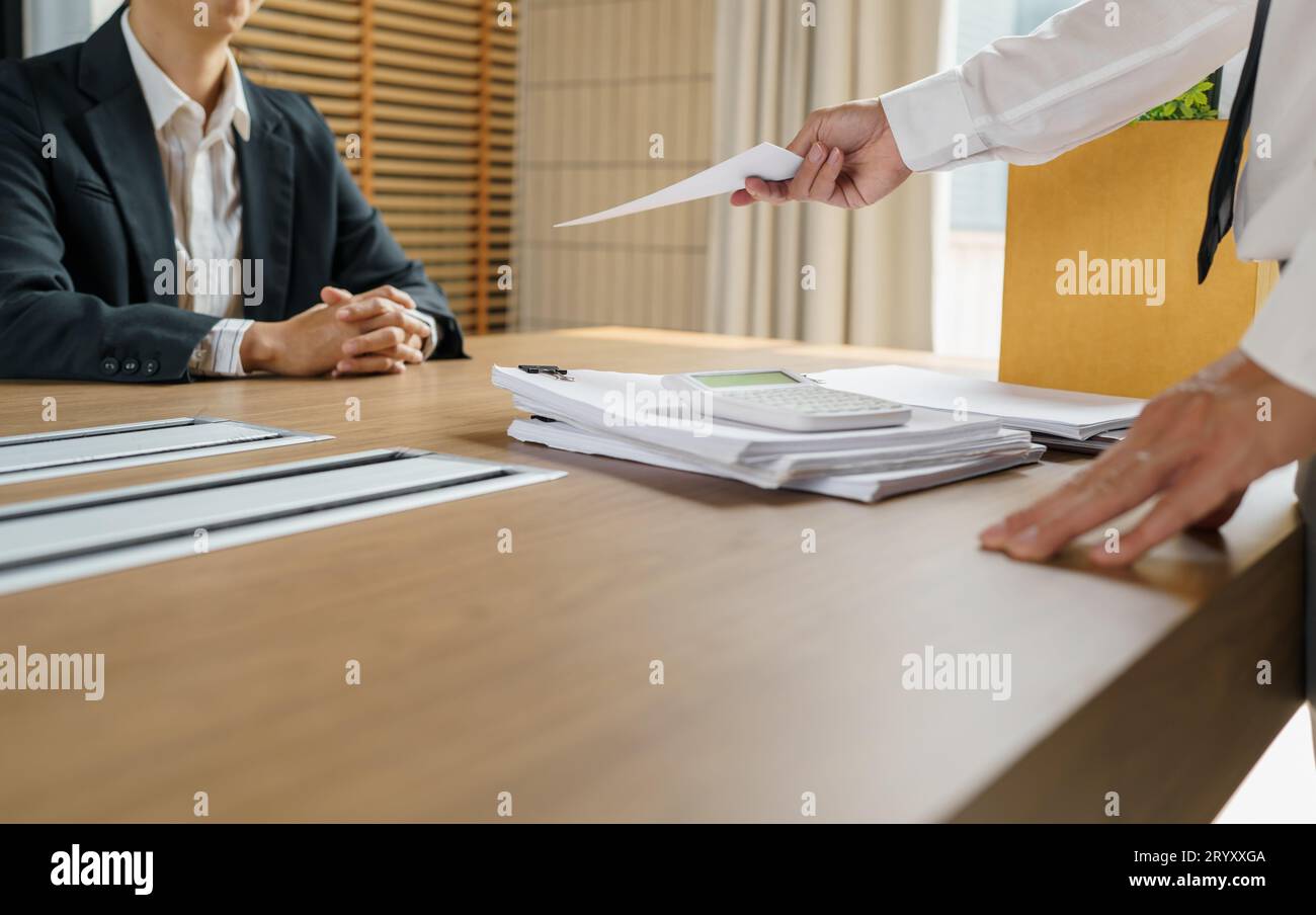 Quit Job Business man sending resignation letter and packing Stuff ...