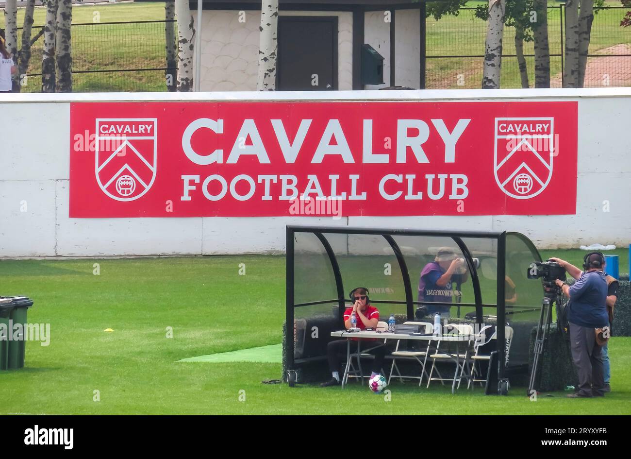 Calgary, Alberta, Canada. Jul 17, 2023. A Cavalry Football Club sign on ...