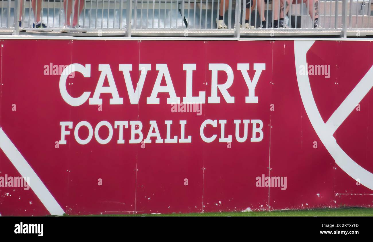 Calgary, Alberta, Canada. Jul 17, 2023. A Cavalry Football Club sign on ...