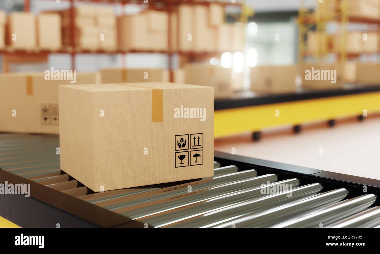 Close-up of cardboard boxes on roller conveyor with storage warehouse ...