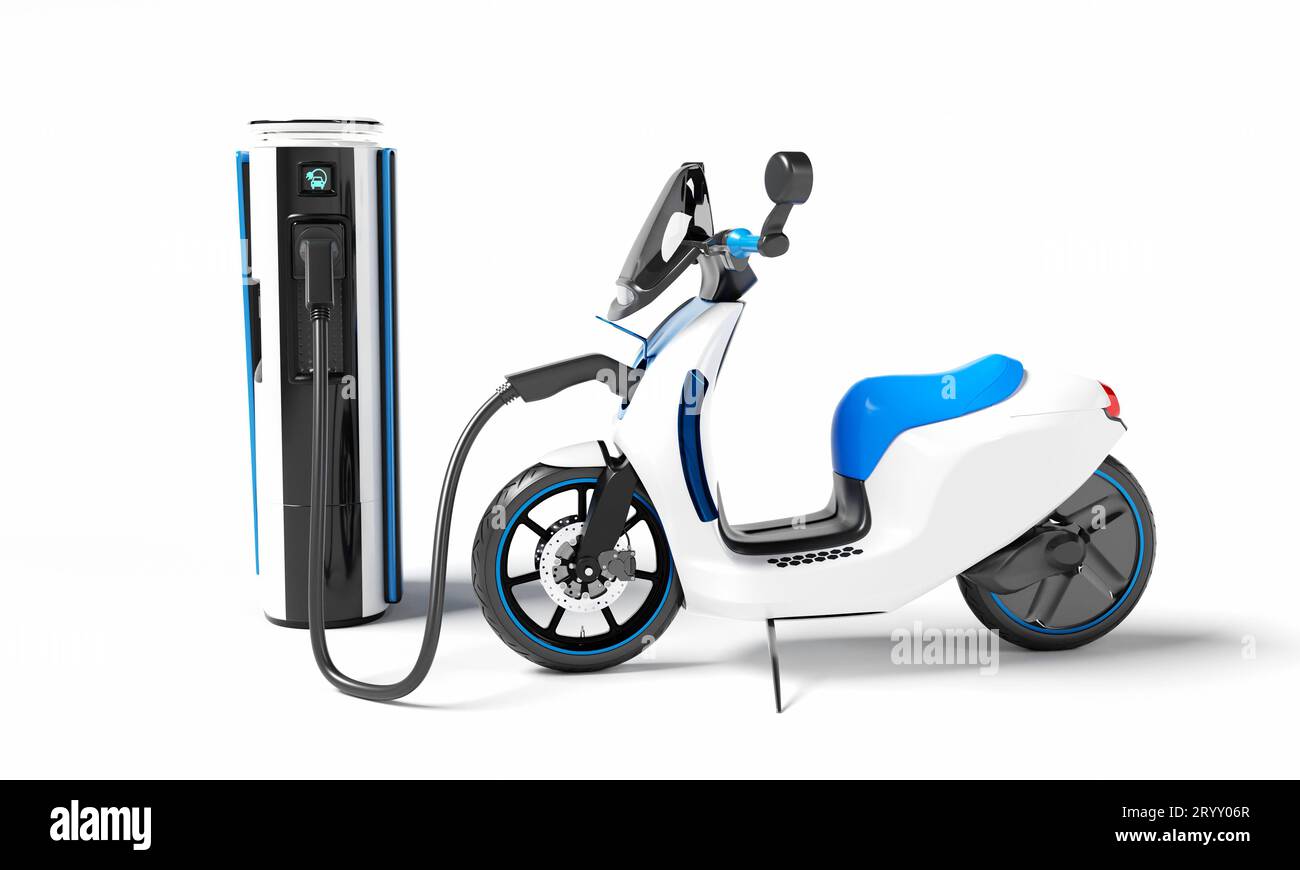 EV motorbike with charging station on isolated white background. Green ...