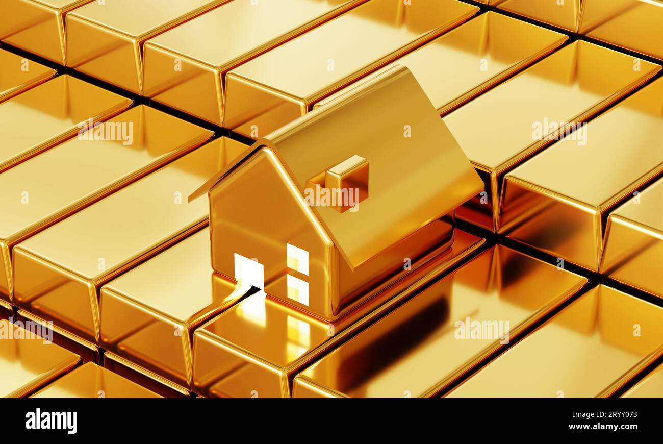 Golden house real estate with plenty of fine gold bars in the safety ...