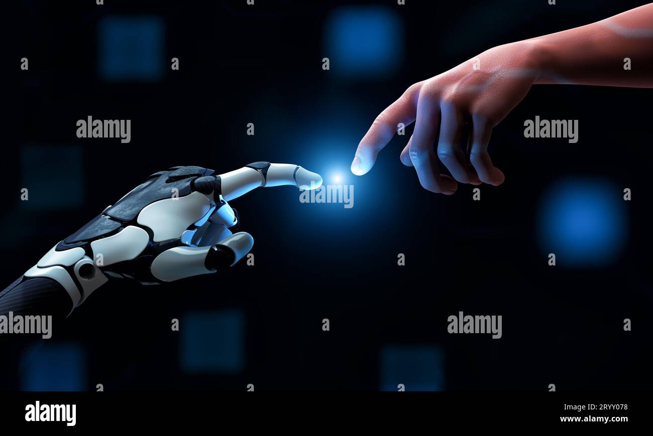 Robot hand making contact with human finger on dark blue background ...