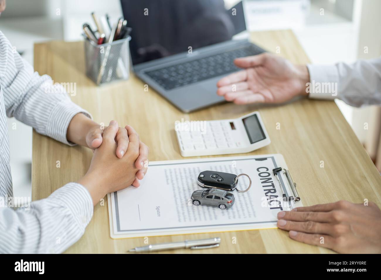 Loss Adjuster Insurance Agent Inspecting Damaged Car. Sales manager ...