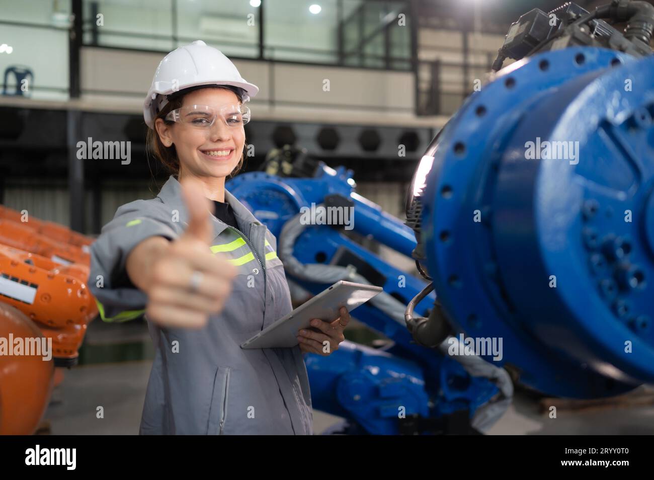 A female engineer completed the updating software and calibrating a ...