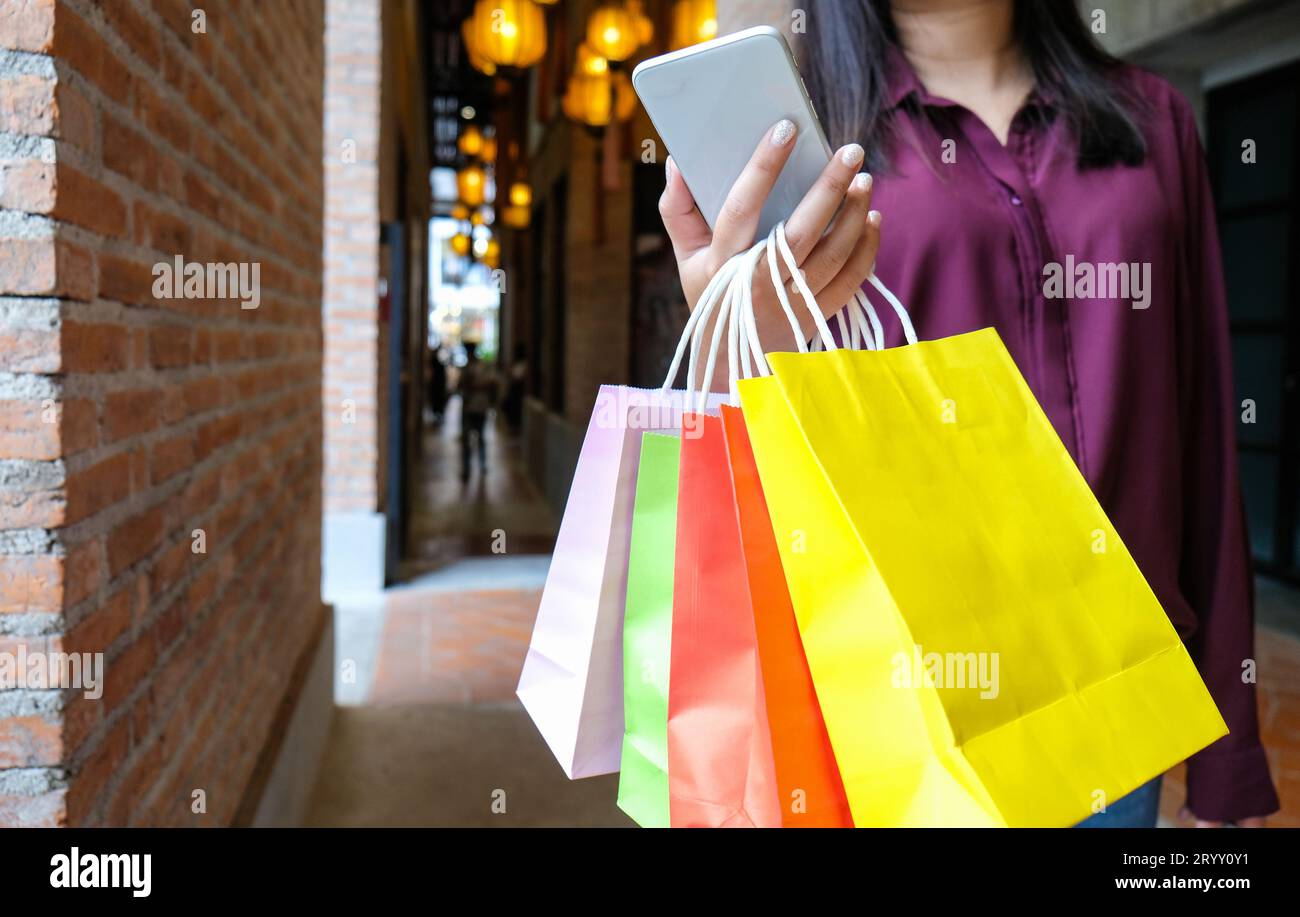 Asian girls holding sale shopping bags. consumerism lifestyle concept ...