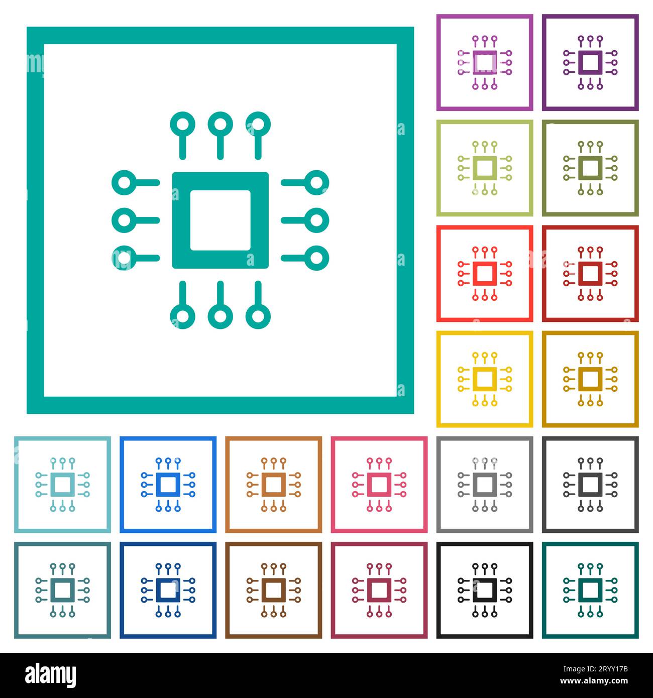 Microchip outline flat color icons with quadrant frames on white ...