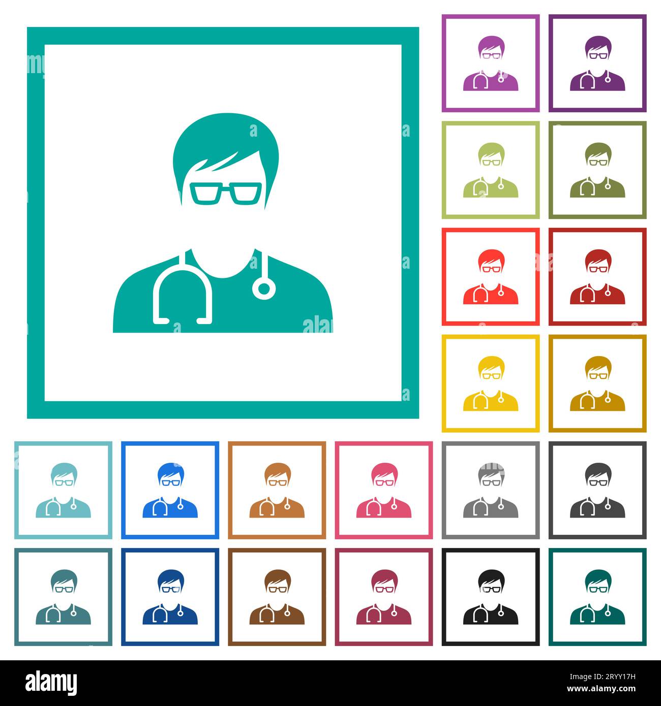 Medic with glasses avatar flat color icons with quadrant frames on ...