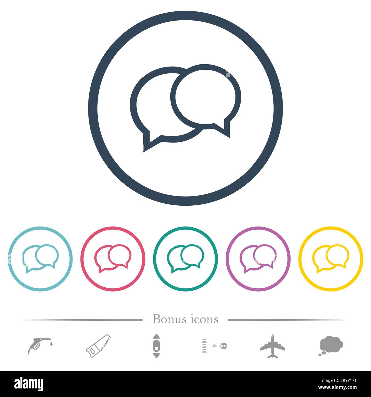 Two oval chat bubbles outline flat color icons in round outlines. 6 ...