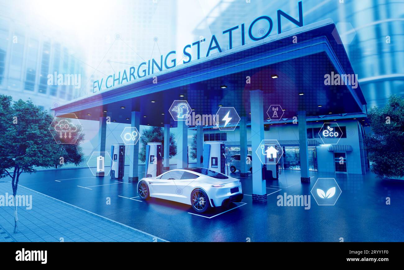 EV charging station for electric vehicles in the downtown city with ...