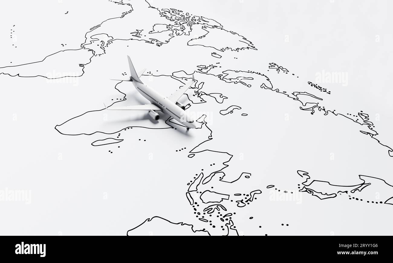 Plane flies above white paper map of the world travel background ...