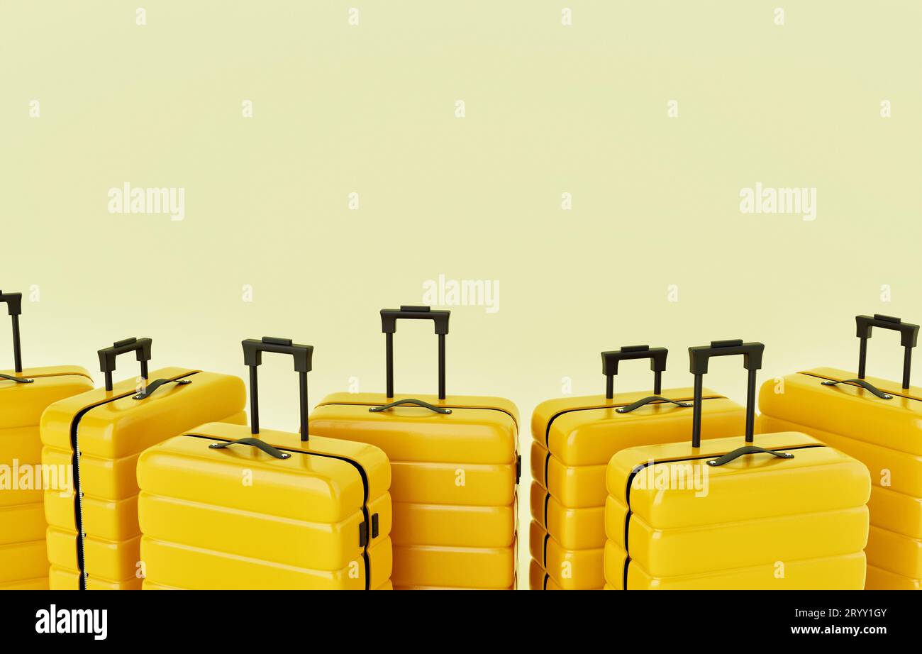 Group of yellow trolley suitcases on isolated background. Travel object ...