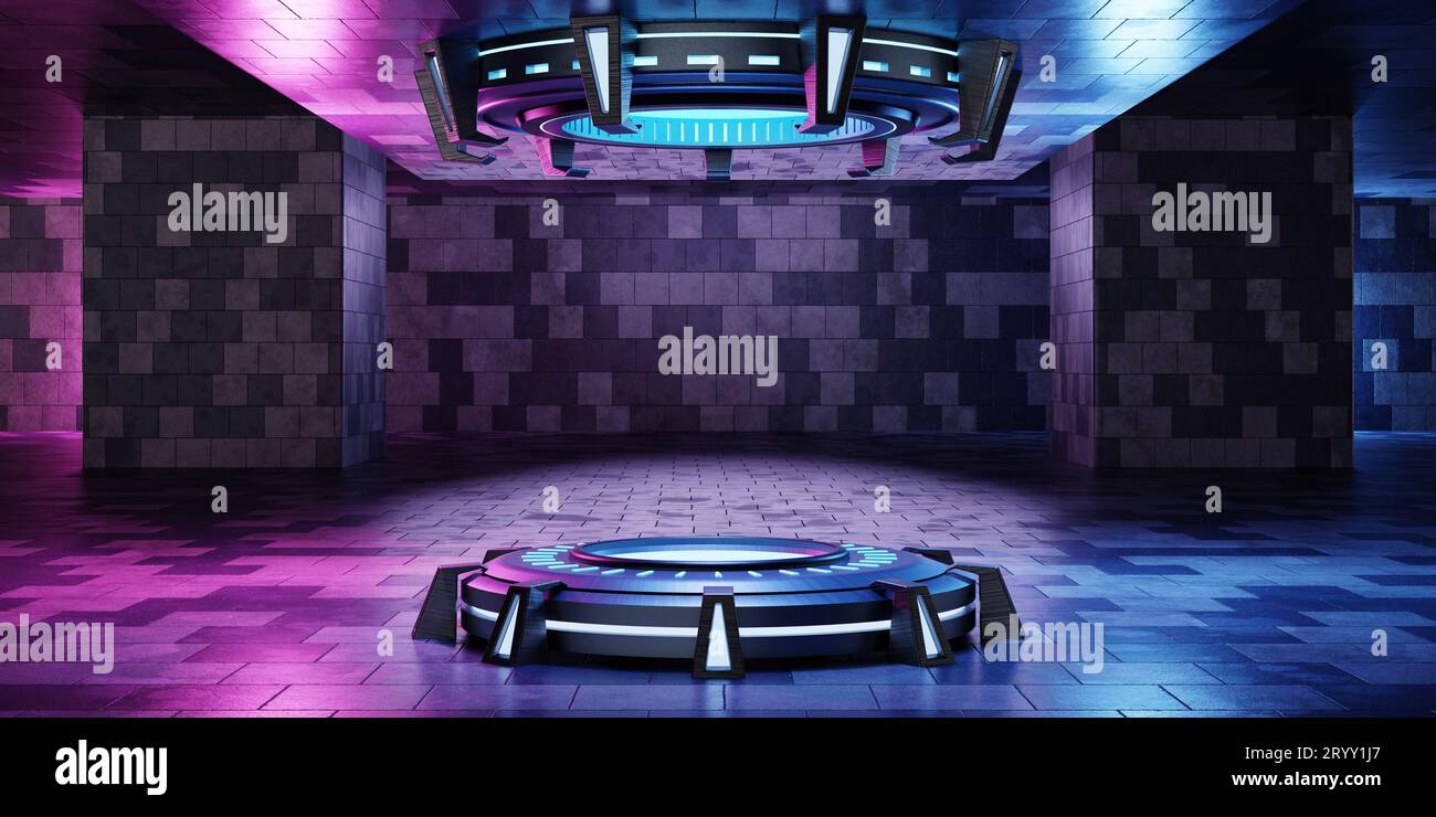 Inside spaceship laboratory with empty podium interior architecture ...