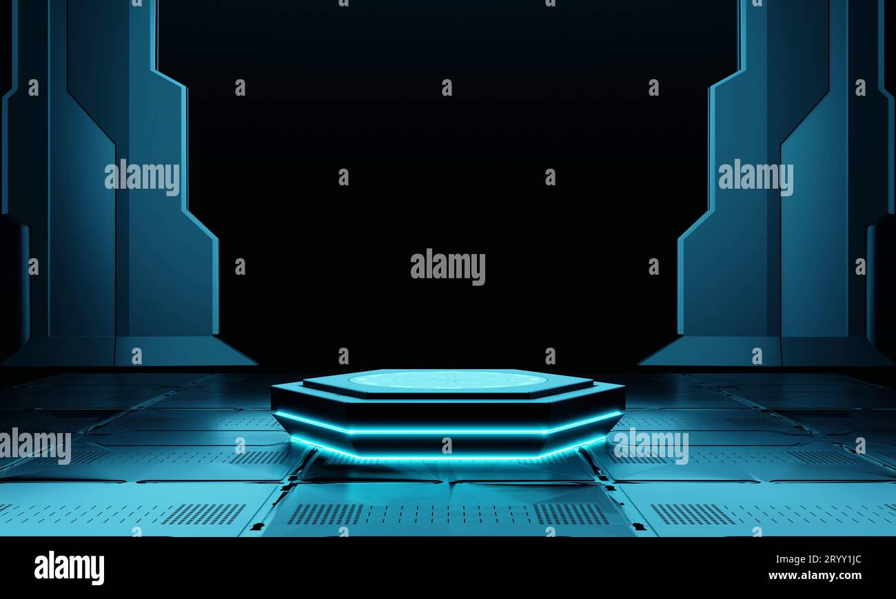 Cyberpunk blue empty hexagon podium in the dark spaceship with glowing ...