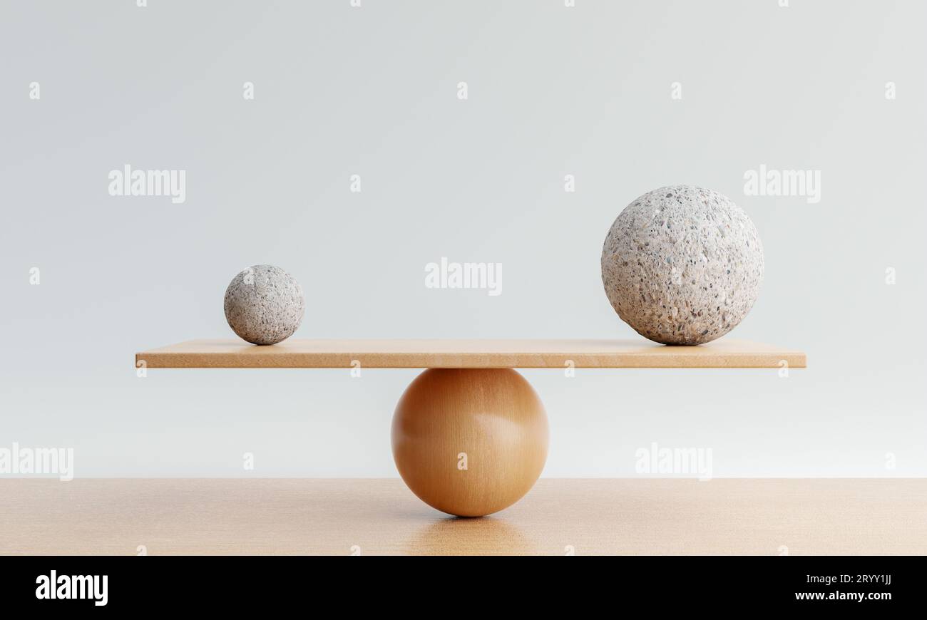 Wooden scale balancing with one big ball and one small ball. Harmony ...