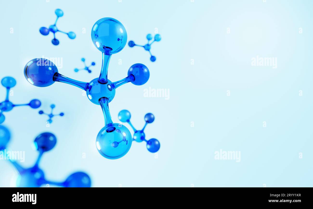 Closeup of blue molecule atoms structures on blue liquid serum ...