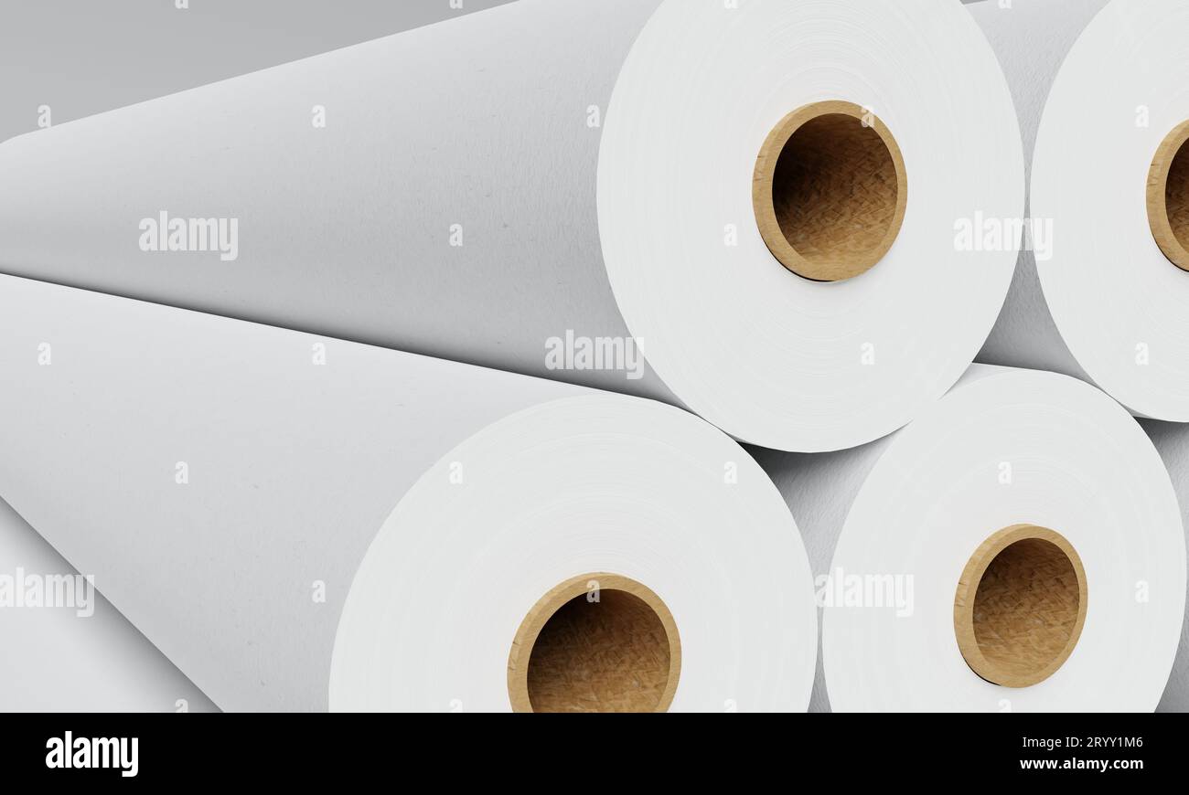 Group of white paper rolls in industrial factory for storage background ...