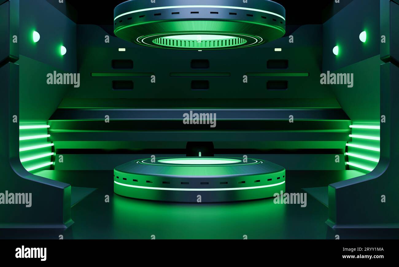 Cyberpunk sci-fi product podium showcase in spaceship with green neon ...