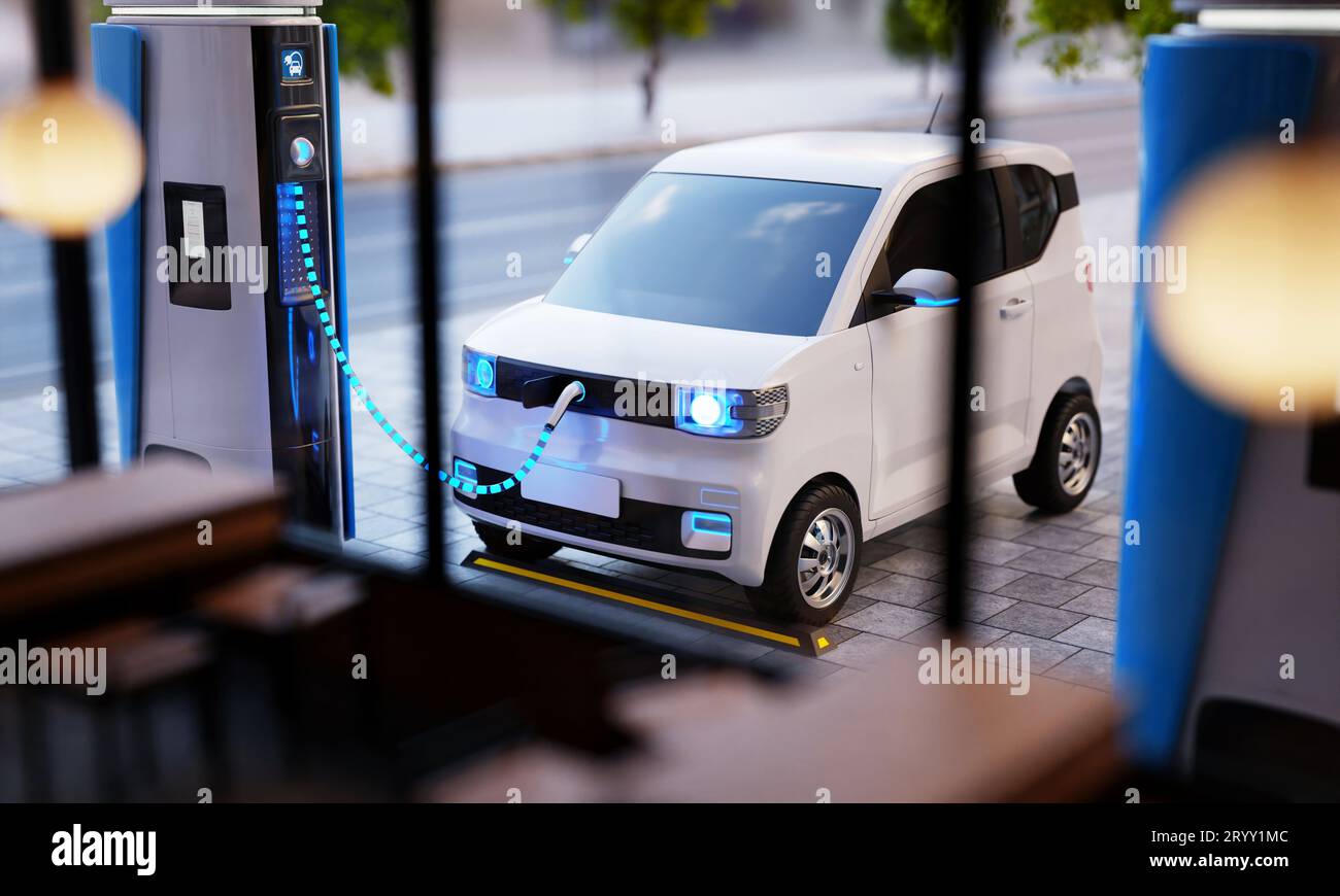 Blue EV charging station and electric vehicle in the city background ...
