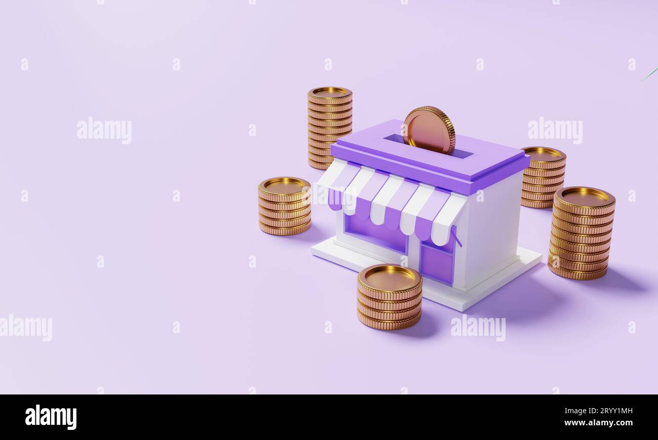 Supermarket store with stacking golden coins on purple background ...