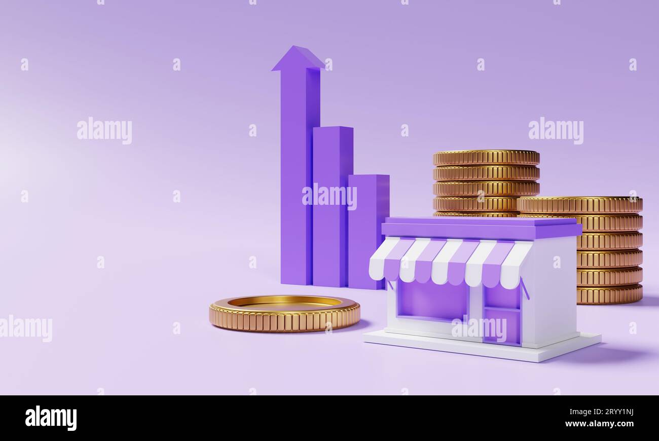 Supermarket store and stacking golden coins with rising profit bar ...