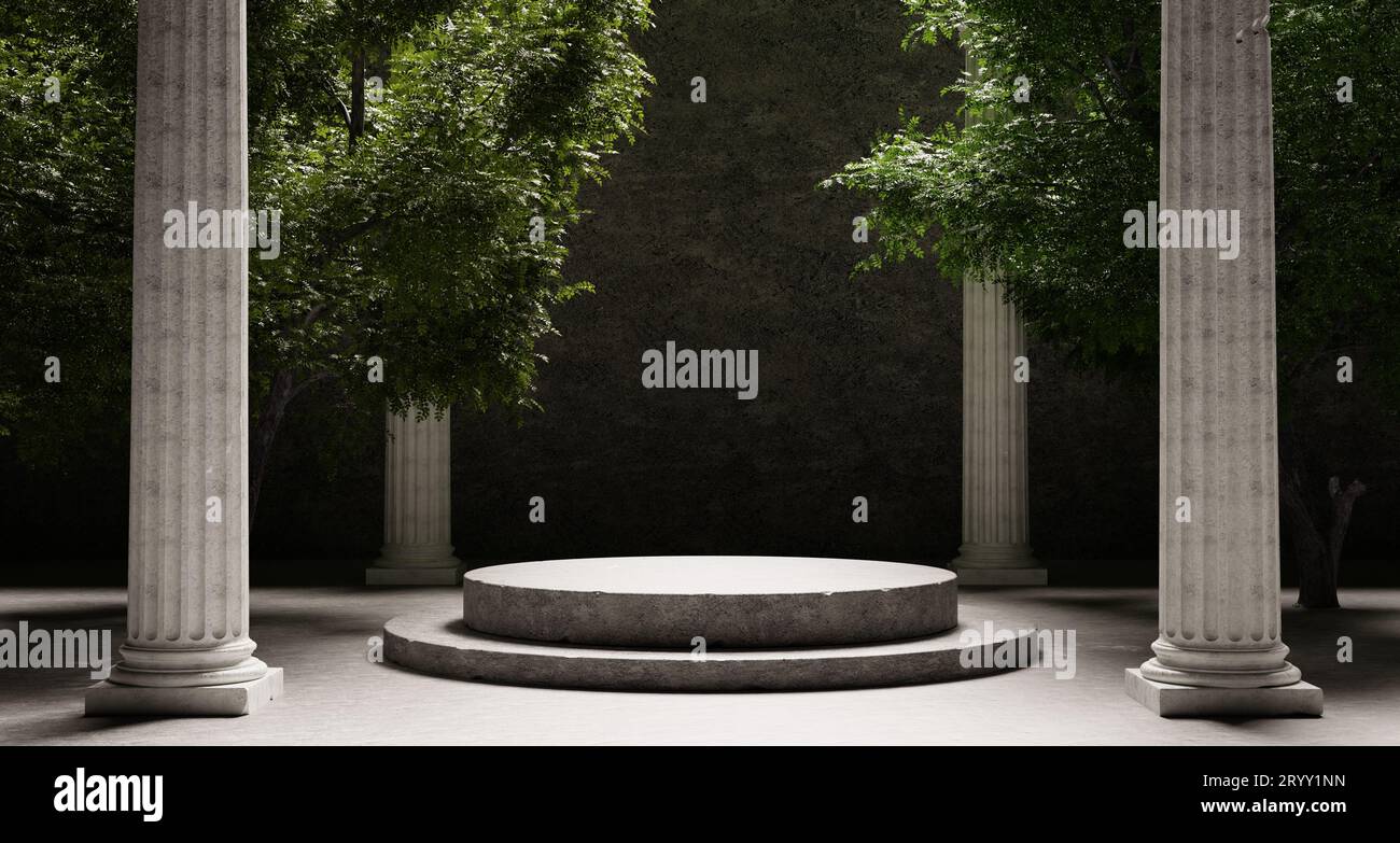 Round stone platform with Corinthian pillars and natural trees with ...