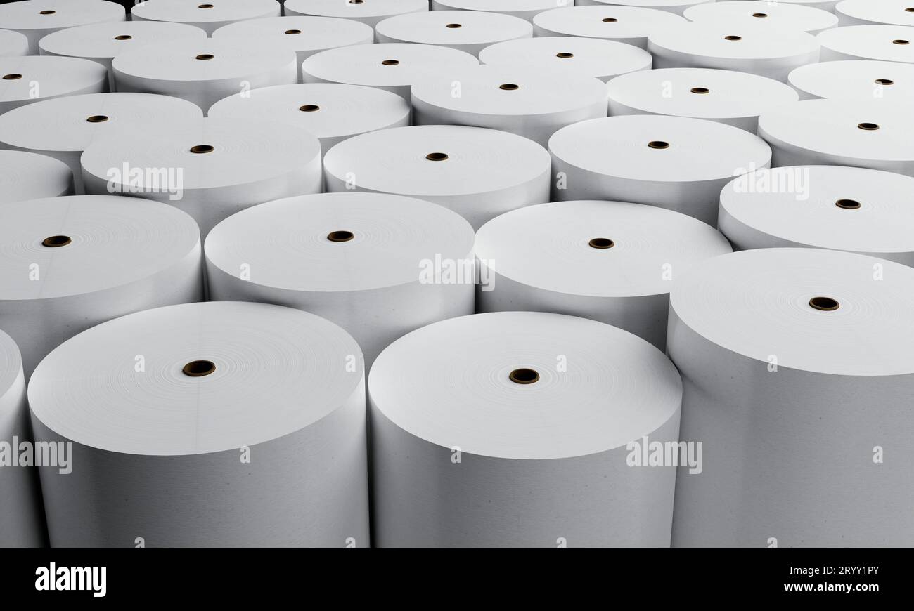 Group of white paper rolls in industrial factory for storage background ...