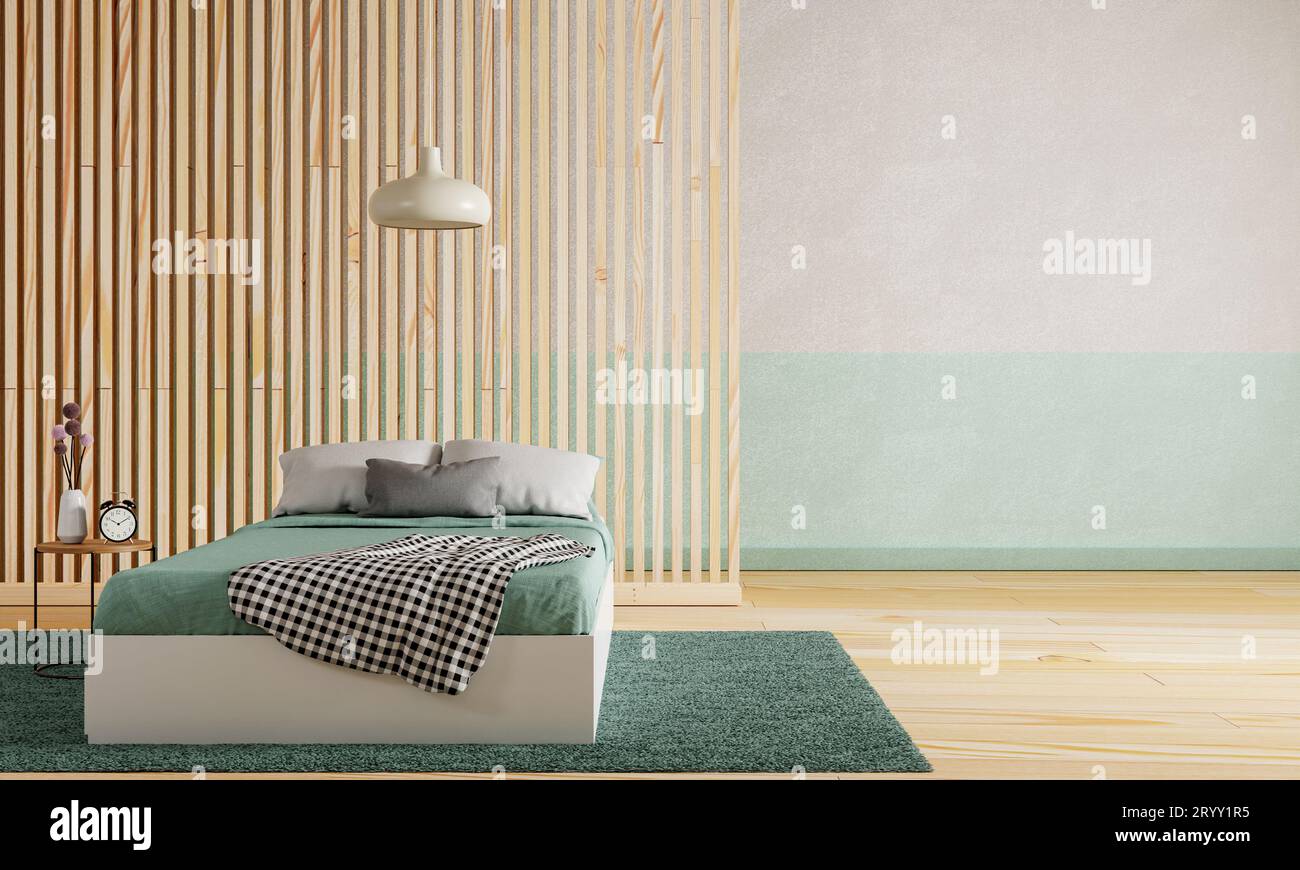 Green bedroom with wooden floor and partition wall and white green ...