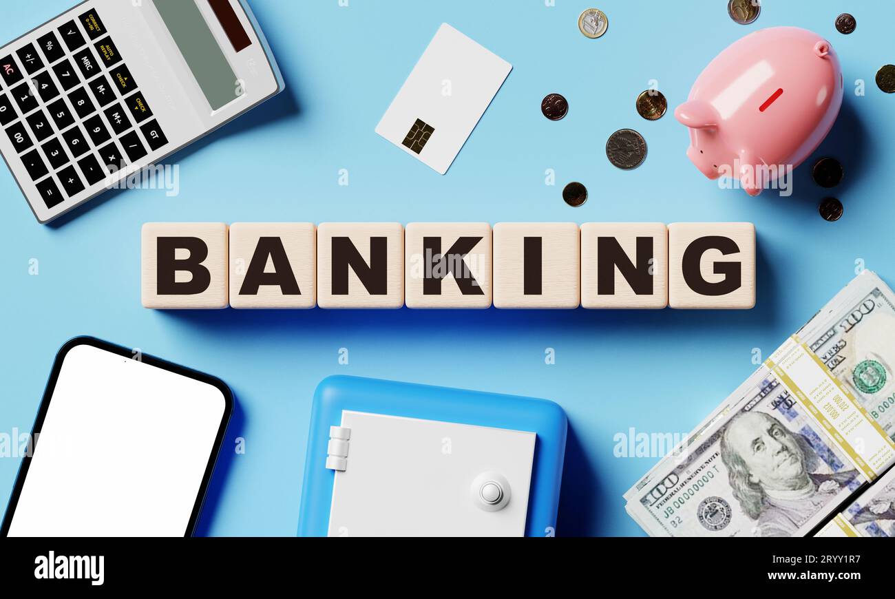 Banking wooden word block cubes with medical equipment on blue paper ...