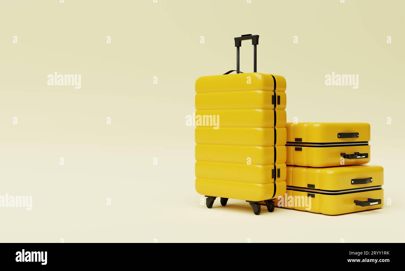 Yellow trolley suitcase on isolated background. Travel object and ...
