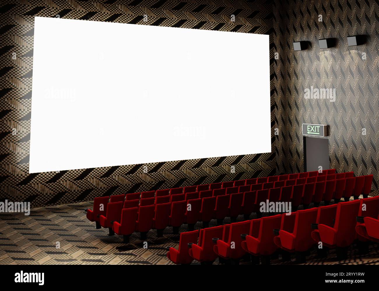 Blank white luminous cinema movie theatre screen with realistic red ...