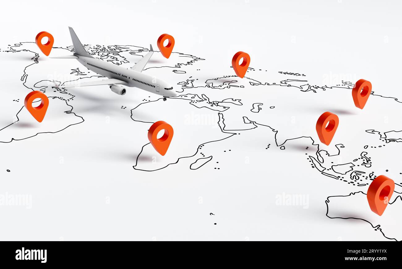 Plane flies above white paper map of the world travel with red location ...