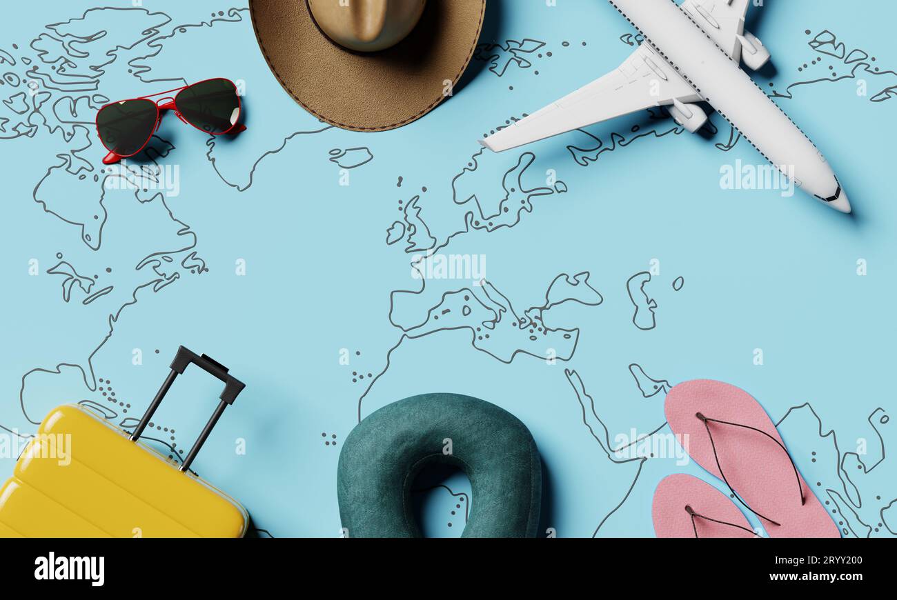 Travel props and equipment with blue paper worldwide map and wanderlust ...