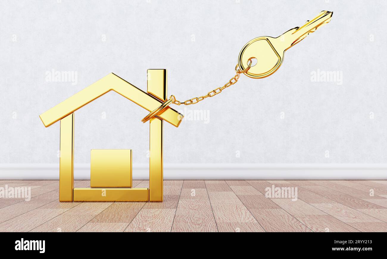 Gold key chain with golden modern house shape key holder on wooden ...