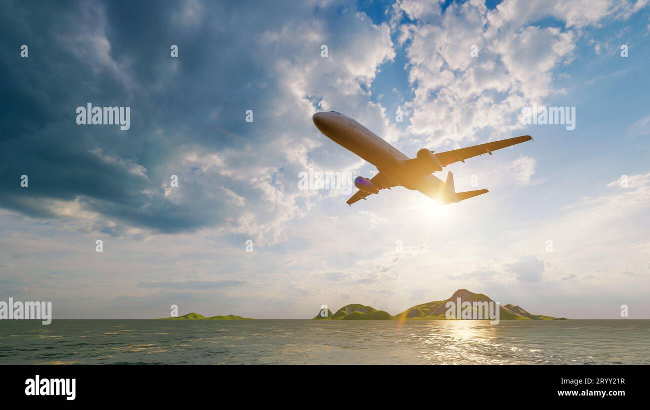 Airplane flying above the ocean sea with sunlight shining in blue sky ...