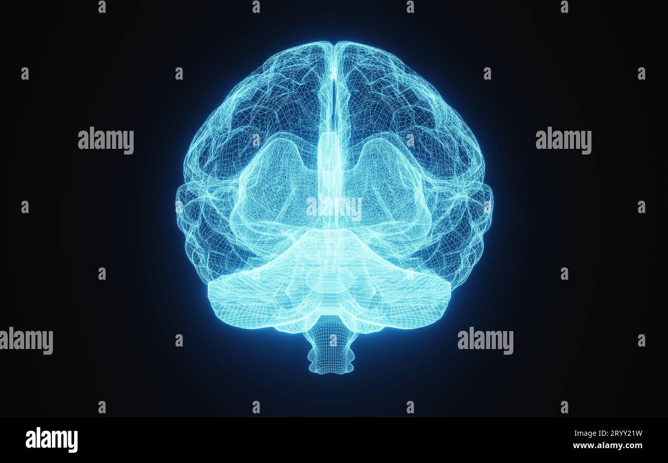 Glowing X-ray image of human brain in blue wireframe on isolated black ...