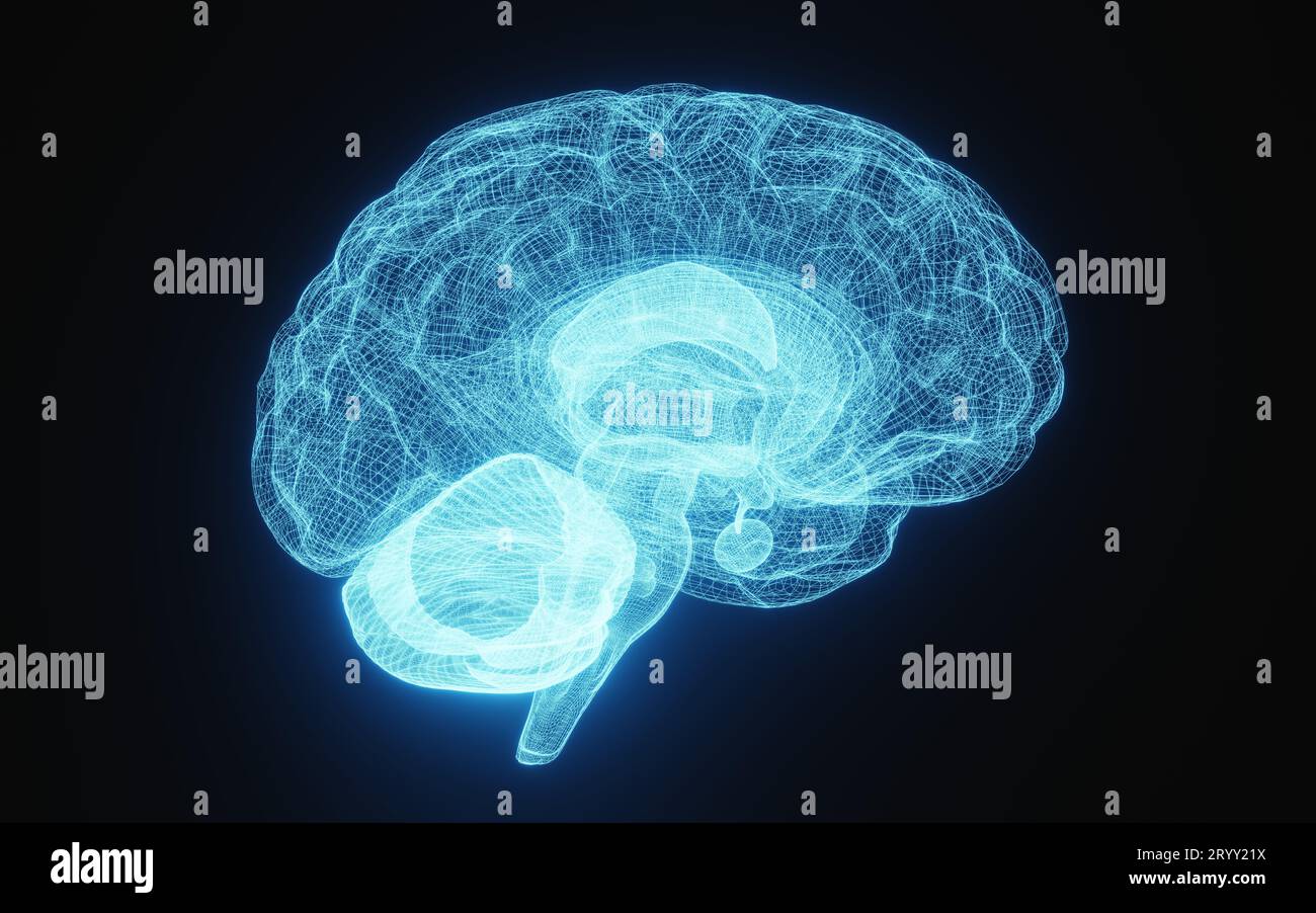 Glowing X-ray image of human brain in blue wireframe on isolated black ...
