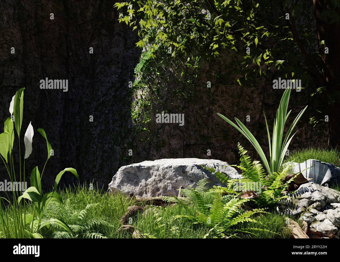 Stone product display podium in forest under rock hill cliff and ...
