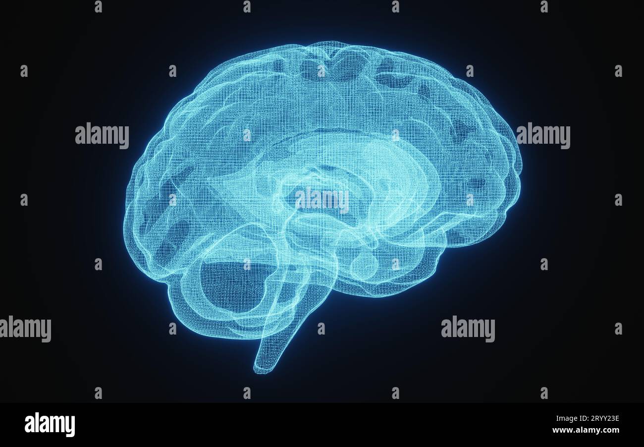 Glowing X-ray image of human brain in blue wireframe on isolated black ...