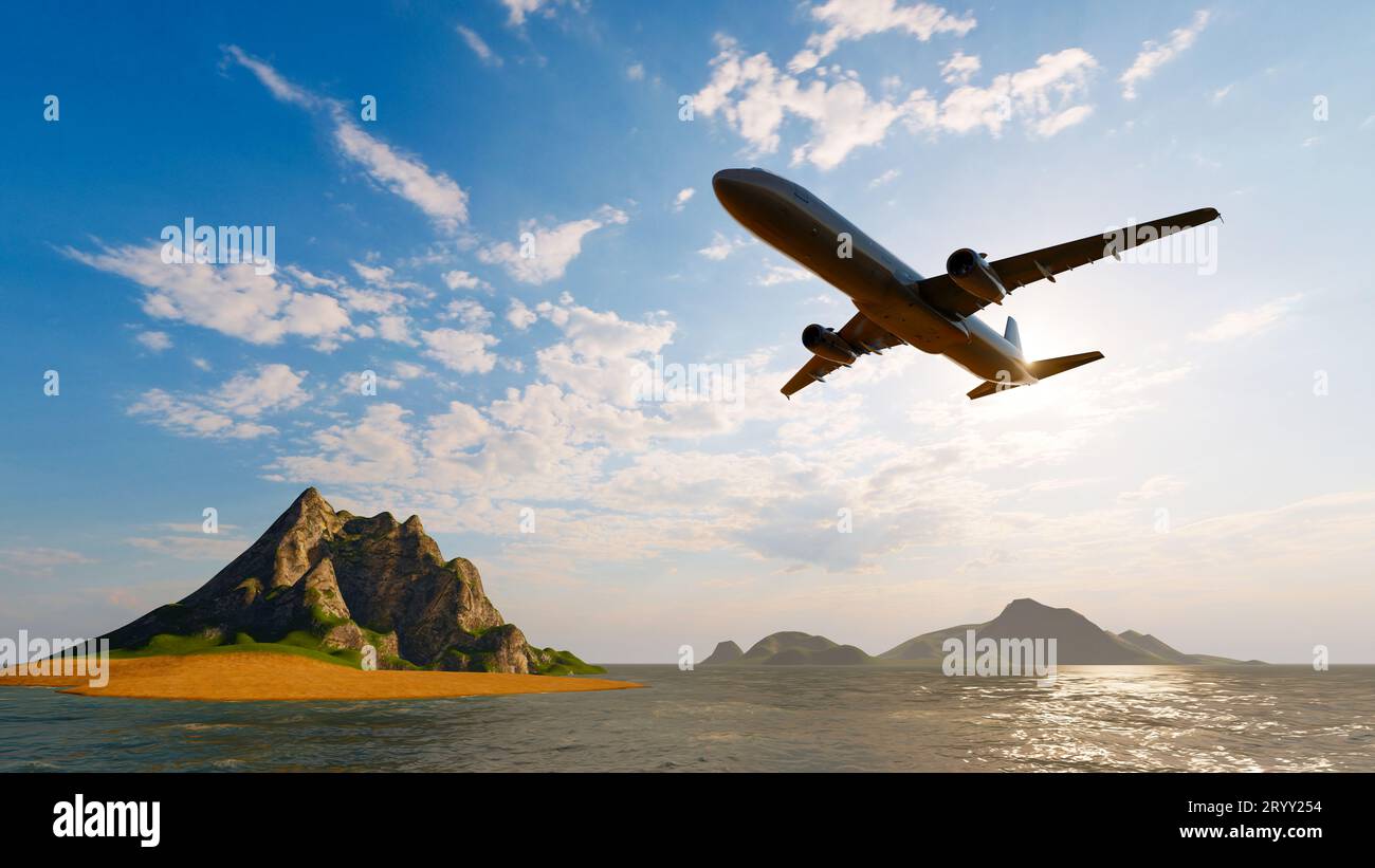 Airplane flying above the ocean sea with sunlight shining in blue sky ...
