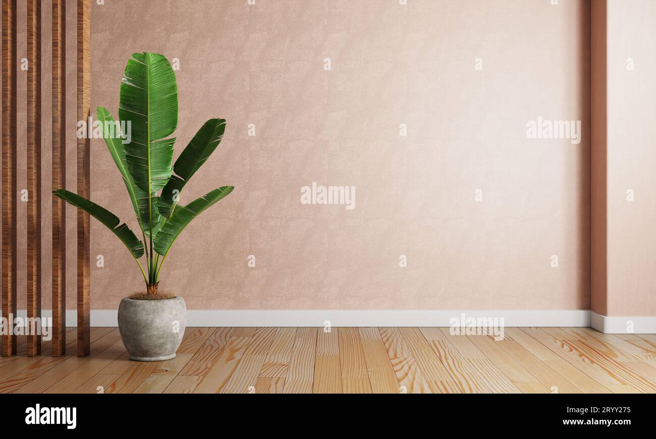 Banana plant pot in the red coral color living room with raw concrete ...