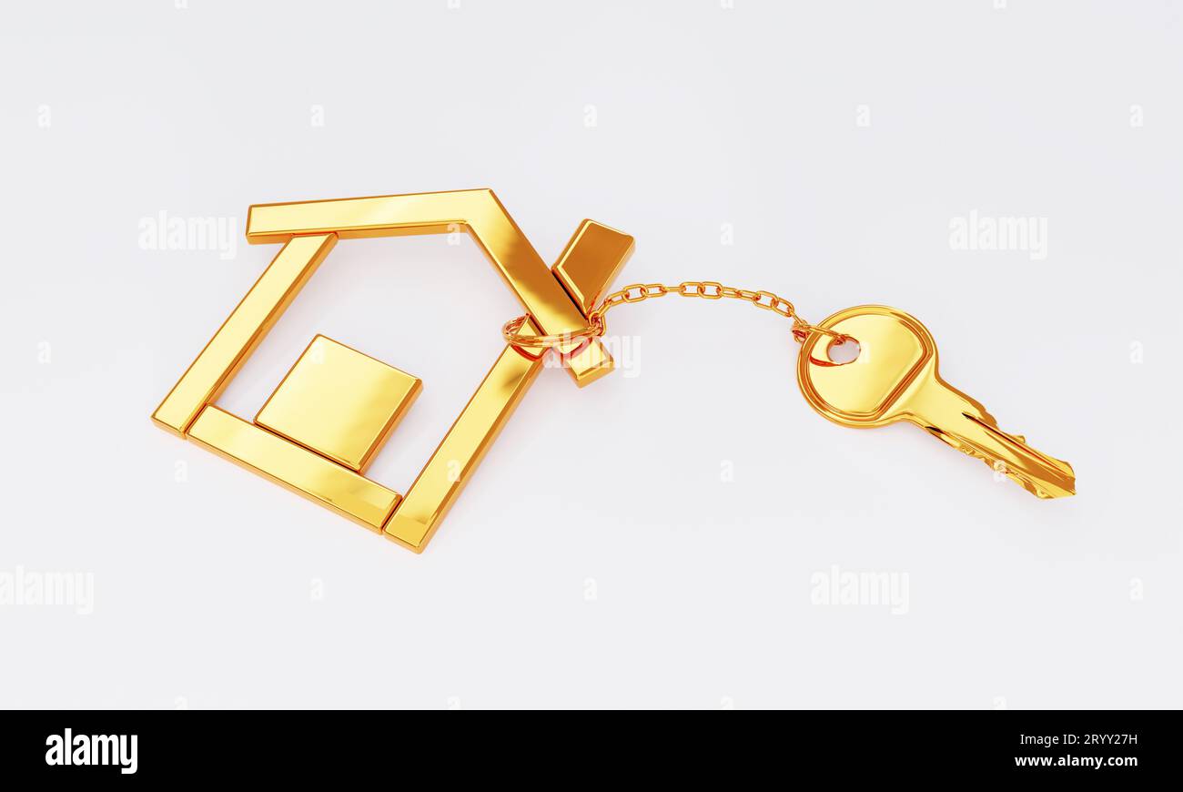 Gold key chain with golden modern house shape key holder on white ...