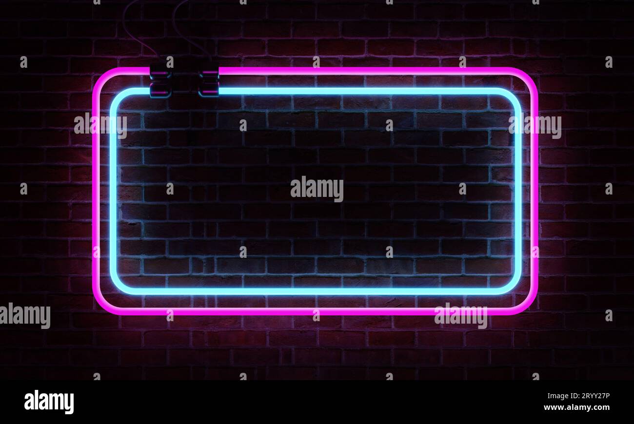 Neon sign banner with copy space on brick wall background. Abstract art ...