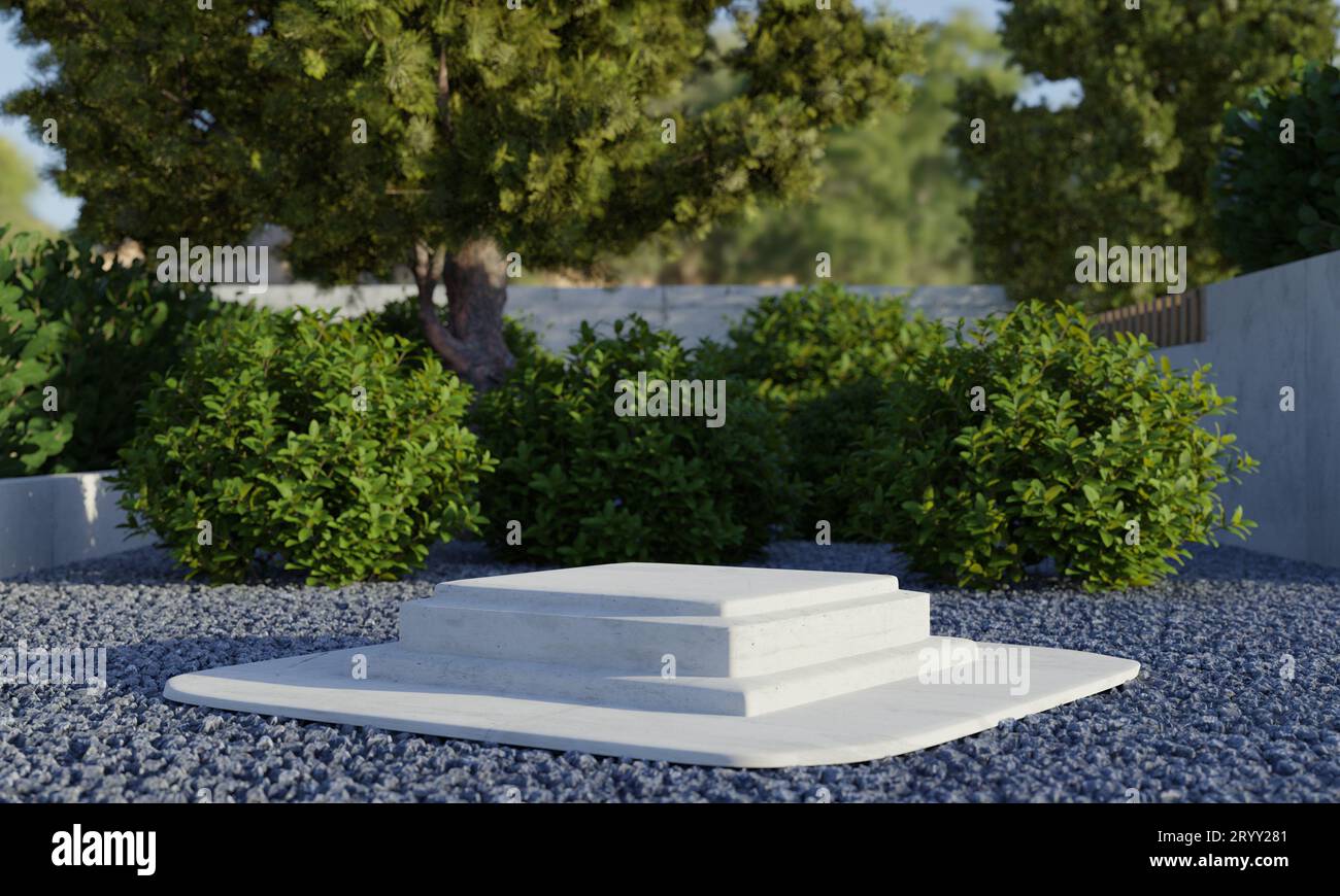 Rectangle stone podium platform with natural green trees in backyard ...