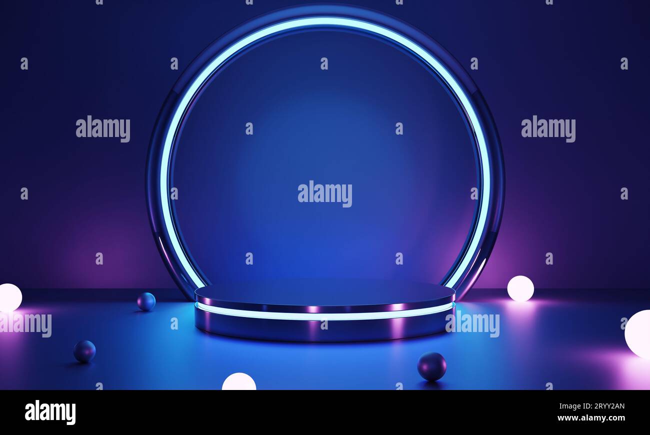 Cyberpunk two tone color pink glowing lamp and blue empty podium for ...