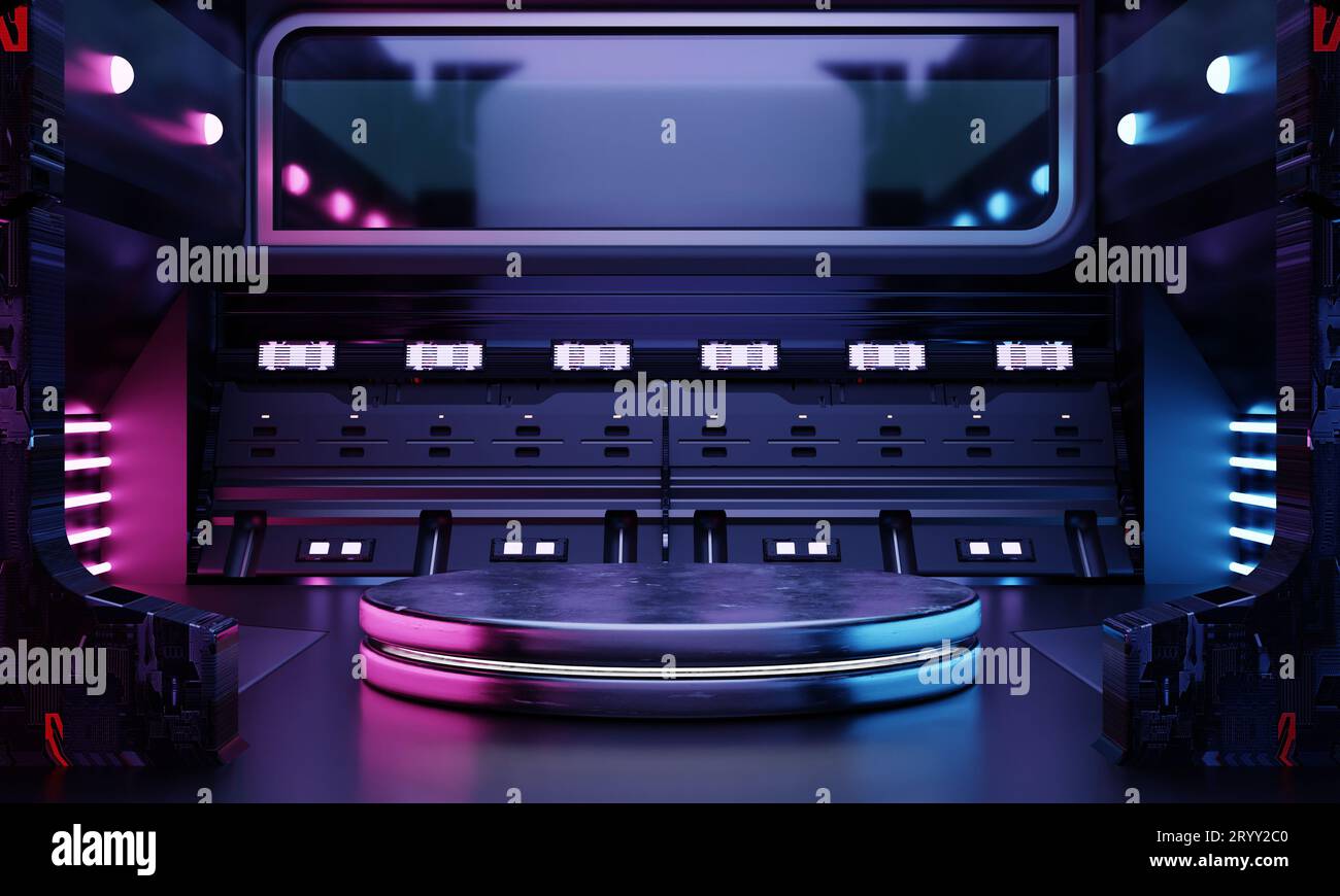 Cyberpunk sci-fi product podium showcase in empty spaceship room with ...